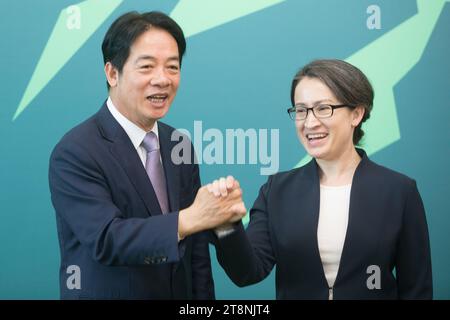 Taiwan's Vice President Lai Ching-te and his running mate, Hsiao Bi-Khim cheer in Taipei on ...