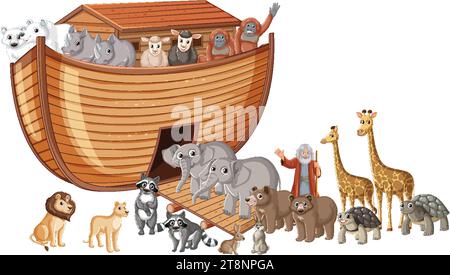 Noah's Ark: Illustration of animals boarding the boat before the flood ...