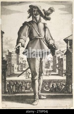 Capitano, Jacques Callot, 1619 print In the foreground an actor who ...