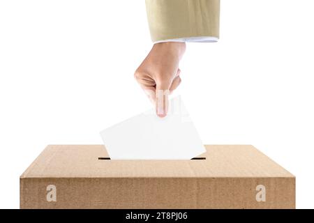 Human hand inserts vote paper into ballot box isolated over white ...