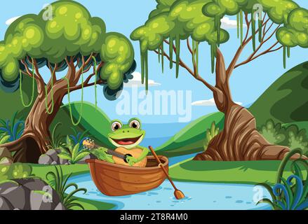Frog rowing boat in the stream in the forest scene illustration Stock ...