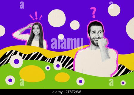 Creative collage image of two minded aged people hold telephone ...