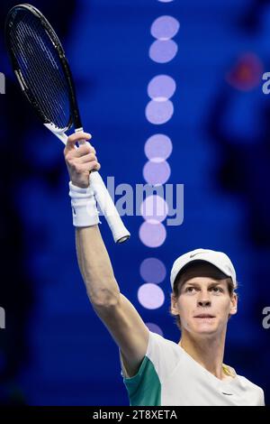 Turin, Italy. 21 November 2023. Novak Djokovic of Serbia plays a forehand during the final ...