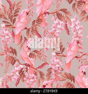Seamless pattern with acacia flowers and parrots. Vector Stock Vector ...