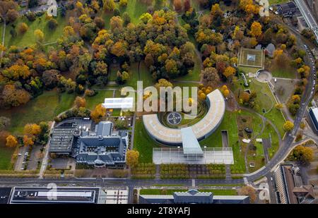 Aerial view, semicircular building of the Bayer AG headquarters in the ...