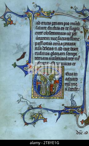 Book of Hours, Crucifixion, with inhabited initial 'D' containing ...