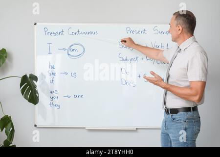 Male teacher with pointer conducting English grammar lesson in ...