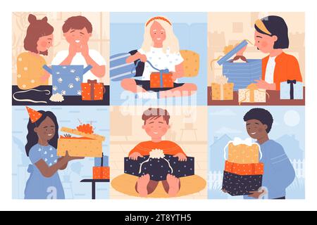 Kids open gift boxes set vector illustration. Cartoon happy children ...