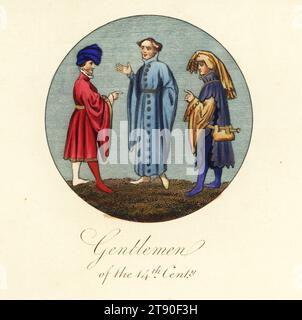 Gentlemen of the 14th century. Men in hooded doublets and hose ...