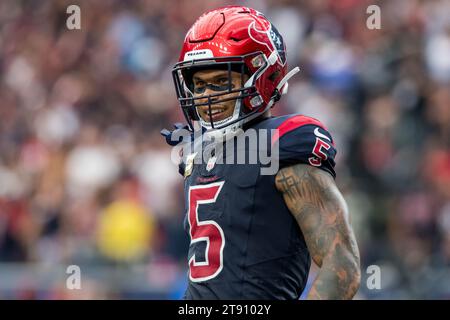 Houston Texans safety Jalen Pitre (5) speaks during an interview after ...