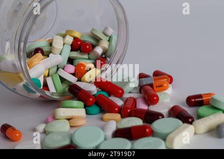 spills of various kinds of chemical drugs from medicine containers on a ...