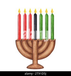 Kinara, seven burning candles. Africa continent outline map, black ...