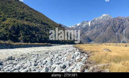 The Tasman river flowing through alpine grassland in Tasman valley ...