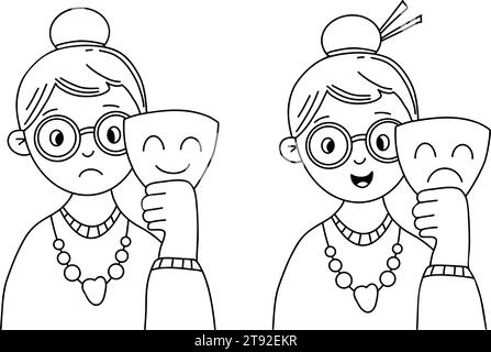 Emotion, searching identity. Cute girl trying on masks with happy or ...
