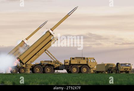 Long-range air and missile defence system in firing mode Stock Photo ...