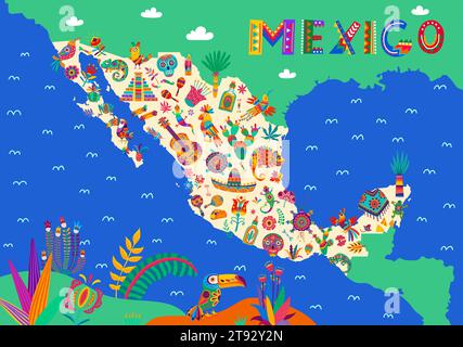 Mexico map with national cuisine, animals, plants and musical ...