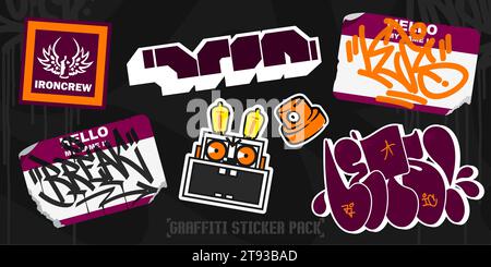 A set of colorful graffiti art sticker designs. Cool urban street art ...