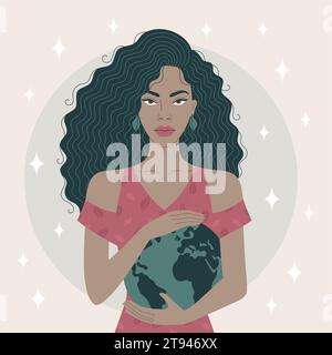 Illustration features an African woman holding the Earth in her hands ...