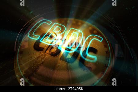 CBDC Digital Currency cryptocurrency gold coin on green screen background. Abstract concept 3d ...