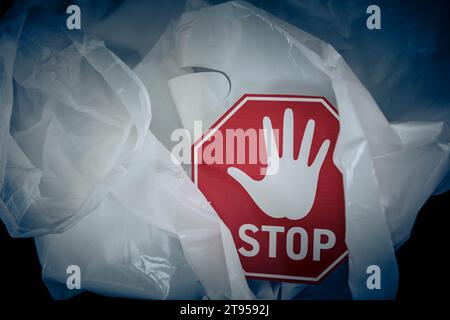 plastic bag with stop sign and EU flag, prohibition in the EU Stock ...