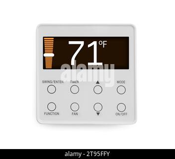 Thermostat displaying temperature in Fahrenheit scale and different icons. Smart home device on ...