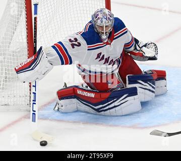 New York Rangers goaltender Jonathan Quick (32) protects the net from ...