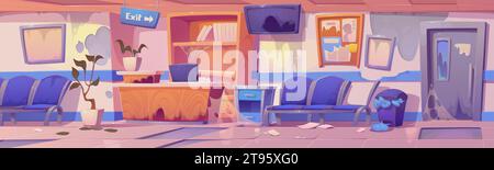 Destroyed hospital lobby interior. Vector cartoon illustration of large ...