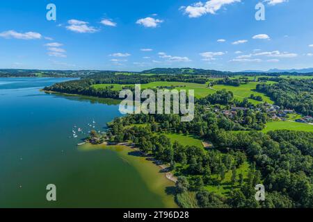 Aerial view to the Chiemgau region around the Simssee near Riedering ...
