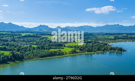 Aerial view to the Chiemgau region around the Simssee near Riedering ...
