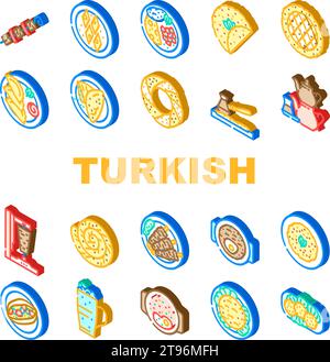 turkish cuisine food dinner icons set vector. restaurant meal ...