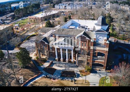 Aerial panoramic view of Duluth City Hall and Town Greene in downtown ...