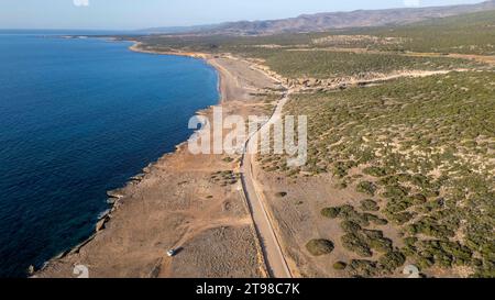 Aerial drone view of the road to the Akamas Peninsula being upgraded ...