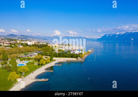 Aerial view of Ouchy waterfront in Lausanne, Switzerland Stock Photo ...