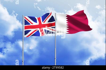 Two Qatar flags waving together in the wind on blue sky, two country ...