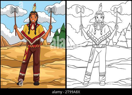 Native American Indian With Tomahawk Coloring Page Stock Vector Image ...