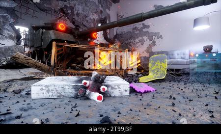 anti-war concept. military tank invaded in house. 3d rendering Stock ...