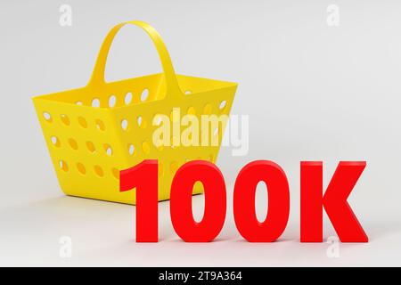 Luxury red sign 100k on grey podium with wireframe house, soft light ...