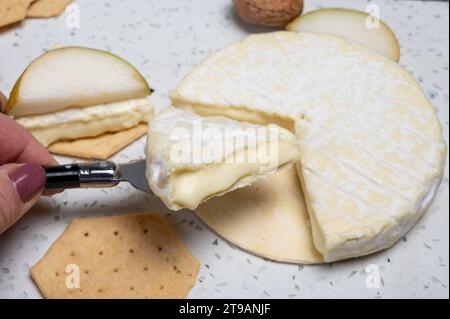 French soft Cremeux de Normandie cheese, soft creamy cheese with white ...