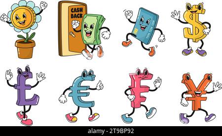Cartoon banking mascots. Money, bank card, wallet and safe characters ...