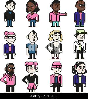 Pixel art characters. Chibi 8 bit people, pixelated video game person ...