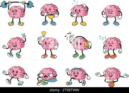 Cartoon brain emoji, emotion brainy vector set. Brainstorming set ...