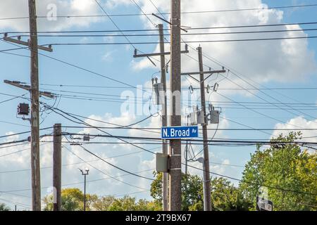 ELECTRICITY PYLON WITH STREET NAME SIGN BROAD AVENUE IN NEW ORLEANS ...