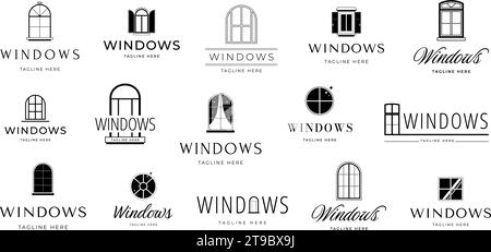 Minimalist window emblems. Casement frame with elegant shutters and ...