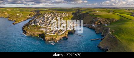 Aerial view of Port Isaac harbour and village, North Cornwall, England ...