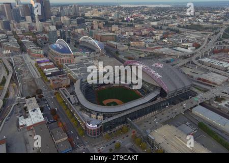 A general overall aerial view of T-Mobile Park (foreground) and Lumen ...