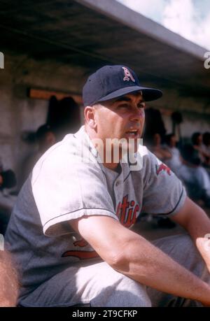 1957: Manager Lou Boudreau #5 of the Kansas City Athletics sits in the ...
