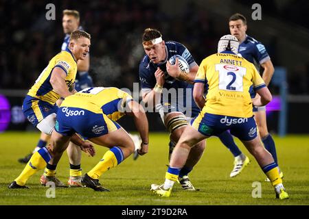 Bath's Thomas Du Toit is tackled during the Investec Champions Cup ...