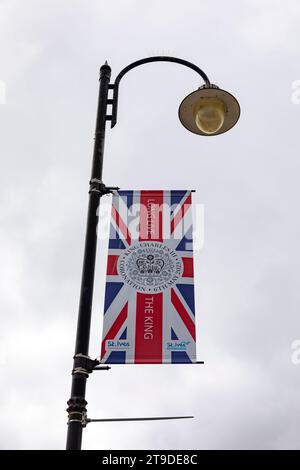 St Ives Cornwall celebratory Union Jack flags flying Long Live the King ...