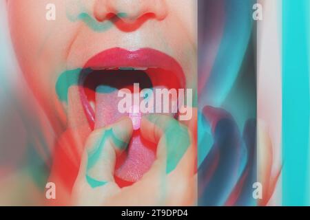 Woman with psychoactive drug pills on her tongue having psychedelic ...