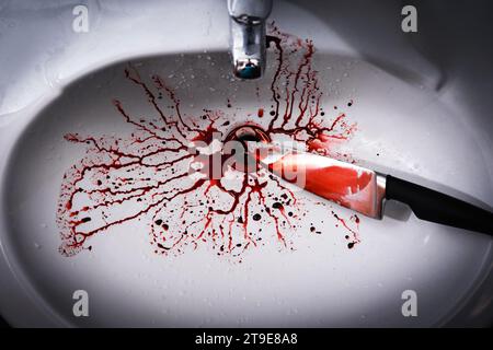 Closeup of dirty bathroom sink with blood splatter and knife Stock ...
